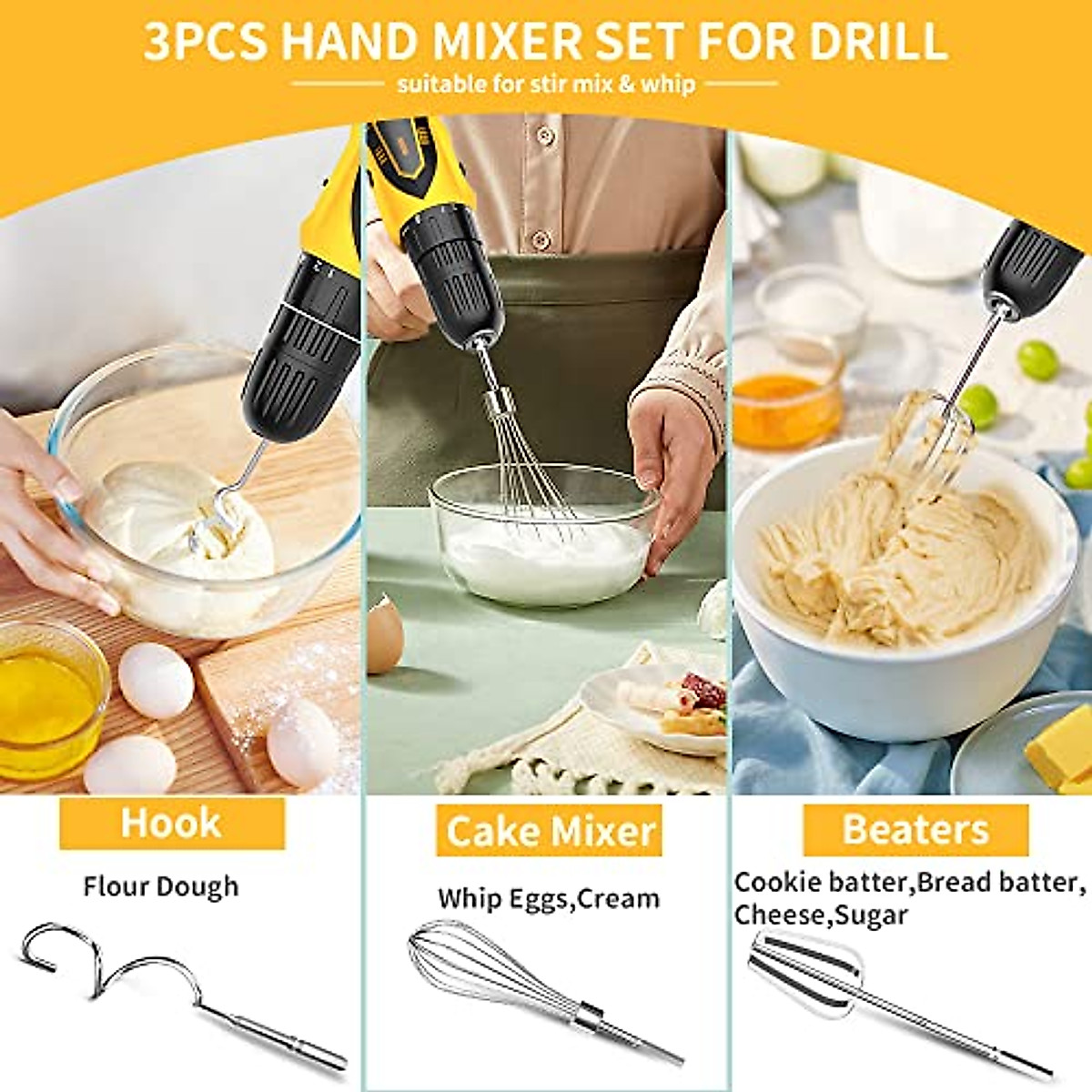 3Pcs Hand Mixer Electric Attachments Set for Drill, HOMICOZY Stainless Steel Mixer Electric Handheld Egg Beater, Whisk & Dough Hook for Drill, Mixer Handheld Drill Attachments for Drill (Not Included) Dishwasher Safe 7.5inch