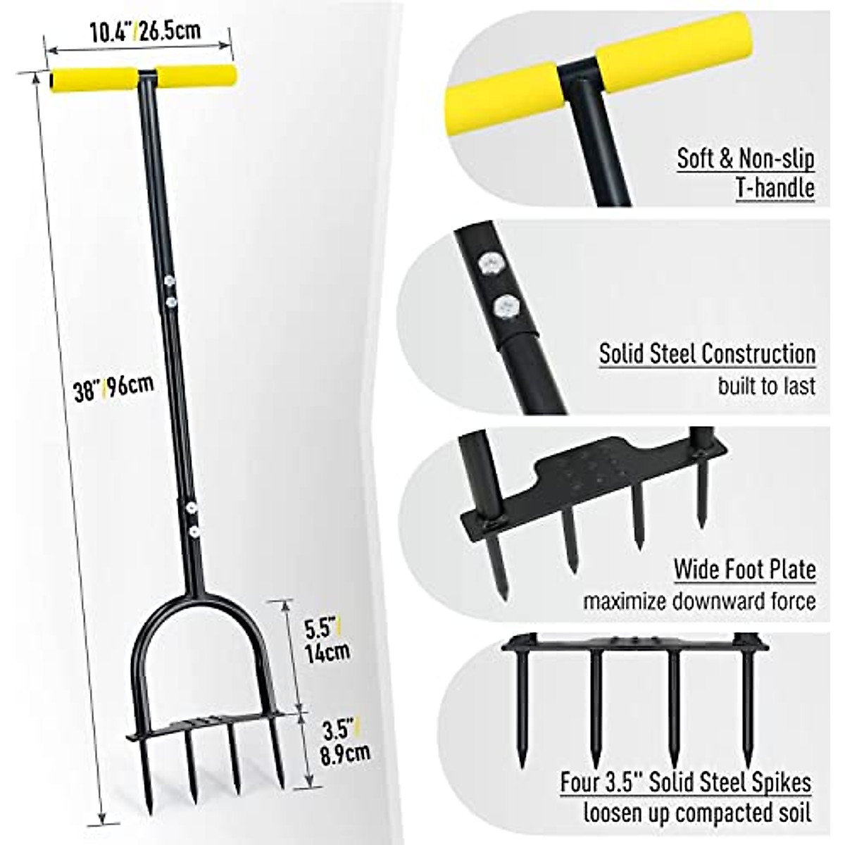 Colwelt Spike Lawn Aerator, Manual Aerator for Compacted Soils and Lawns, Non-Slip T-Handle Spike Aeration with Four 3.5-Inch Solid Steel Spikes, 38-Inch