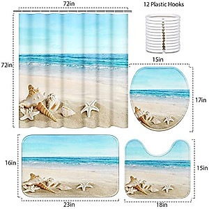 Britimes 4 Piece Shower Curtain Sets, with 12 Hooks, Coastal Sea Seashell Landscape with Non-Slip Rugs, Toilet Lid Cover and Bath Mat, Durable and Waterproof, for Bathroom Decor Set, 72" x 72"