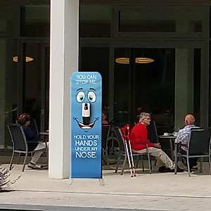 BannerBuzz Hand Sanitizer Automatic Dispenser Floor Stand Kit Touchless Machine Hold Your Hands Fabric Banner+ Stand for Hospital, Home, School, Office - 2 X 6.5 Ft (Single Side Graphic Print)