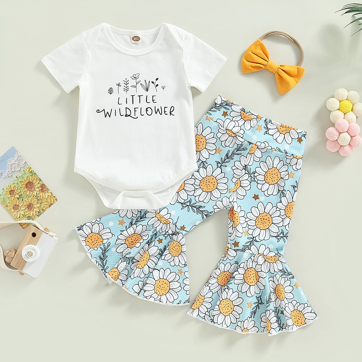 Baby Girl Floral Bell Bottoms Outfit Little Wildflower Romper Short Sleeve Onesie Pants Headband Spring Clothes Set (White & Blue, 6-12 Months)