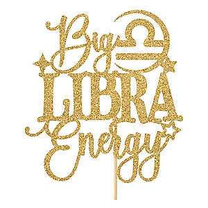 Big Libra Energy Cake Topper, Happy Birthday Libra in September/October, Libra Season, 12 Zodiac Constellation Theme Birthday Party Decoration Supplies, Gold Glitter