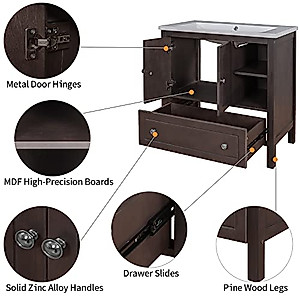 QuixotYDDZ 30 Inches Bathroom Vanity Base Only, Bathroom Vanity Base Cabinet with Cabinet and Drawer, Single-Bathroom Vanity Cabinet with Soft Closing Doors, No Inclde Ceramic Sink, Brown