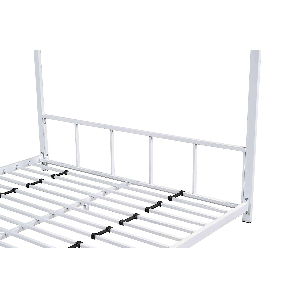 ATY Metal Full Size Floor Bed, House Shaped Bedframe w/Roof Design for Kids, Toddlers, Easy Assembly & No Box Spring Needed, White