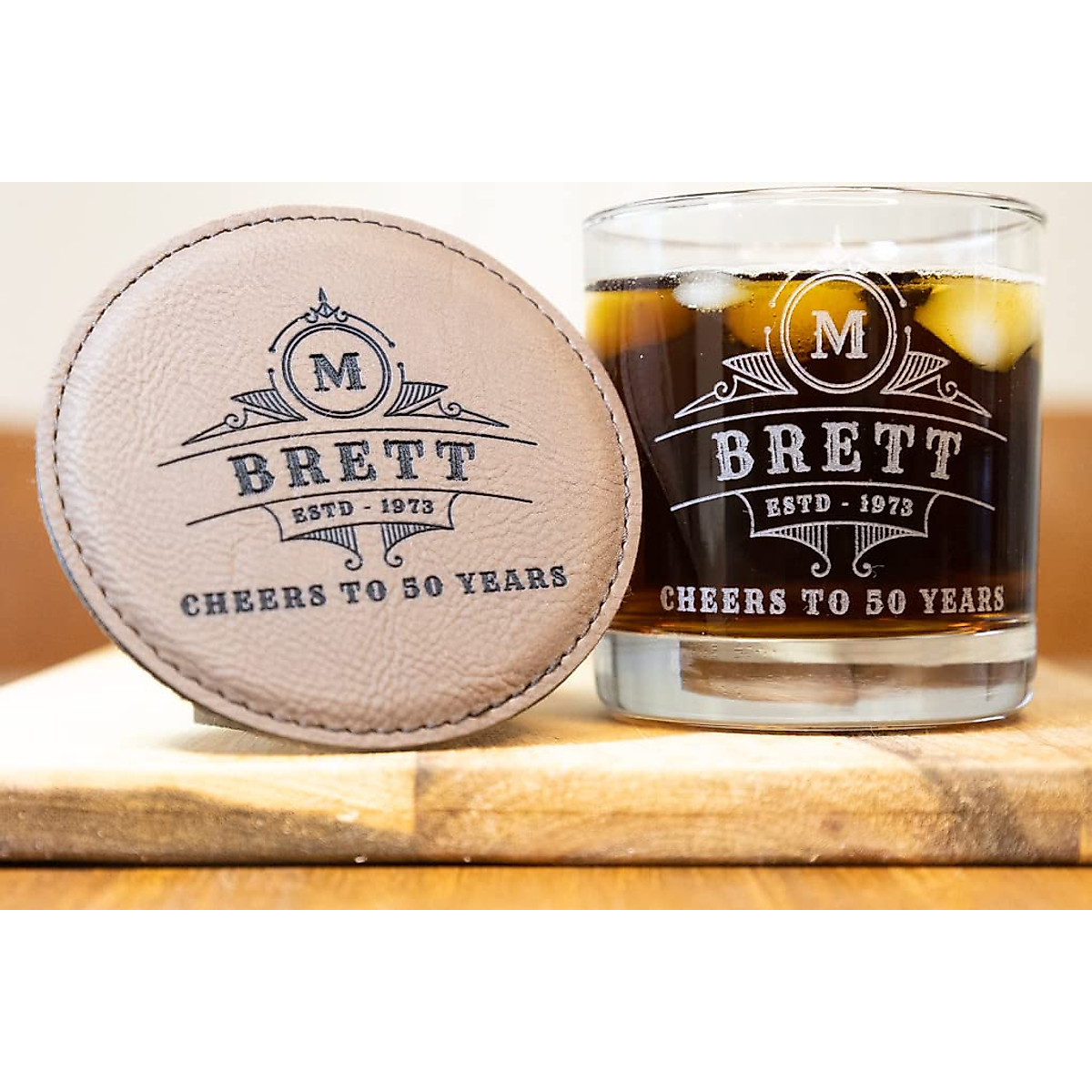 Personalized Whiskey Glass with Matching Custom Coaster - Custom Engraved Whiskey Glasses for Men 50th Birthday Gift for Whiskey Drinker Personalized Bar Accessories