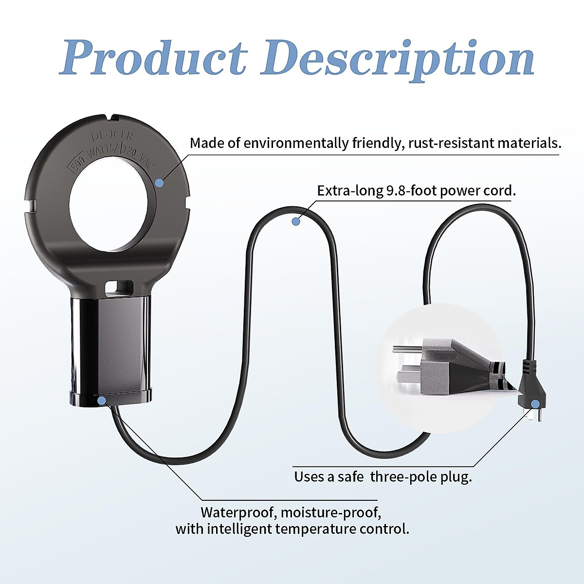 GUEOQTC 500 Watt Pond De-Icer with Thermostat, Cast Aluminum Submersible Bird Bath Heater, Heated Chicken Water, Power Cord 9.8 Ft.…