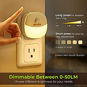 AUVON Plug in Night Light with Motion Sensor and Dusk to Dawn Sensor, Mini Warm White LED Nightlight with 1-50 lm Adjustable Brightness for Bathroom, Hallway, Stairs, Bedroom, Kitchen (4 Pack)