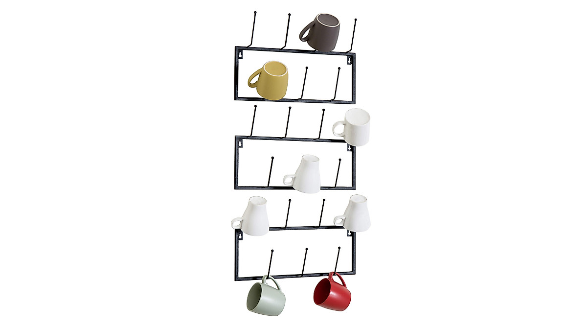 Stylish Black Metal Coffee Mug Racks - Set of 3 with 21 Hooks