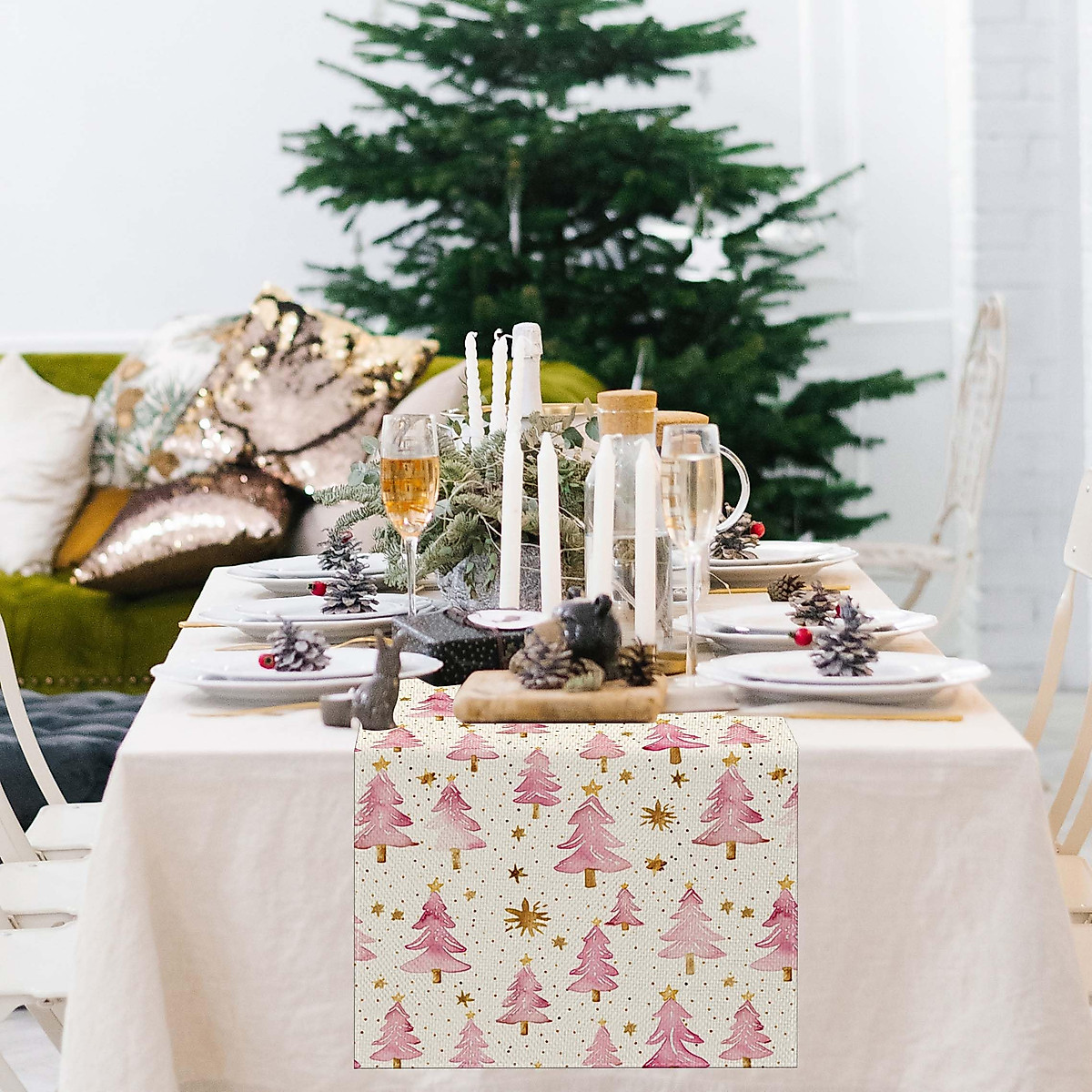 Christmas Table Runner 13x72 Inch, Pink Merry Christmas Trees Table Decors for Seasonal Winter Xmas Holiday Farmhouse Home Kitchen Dining Party
