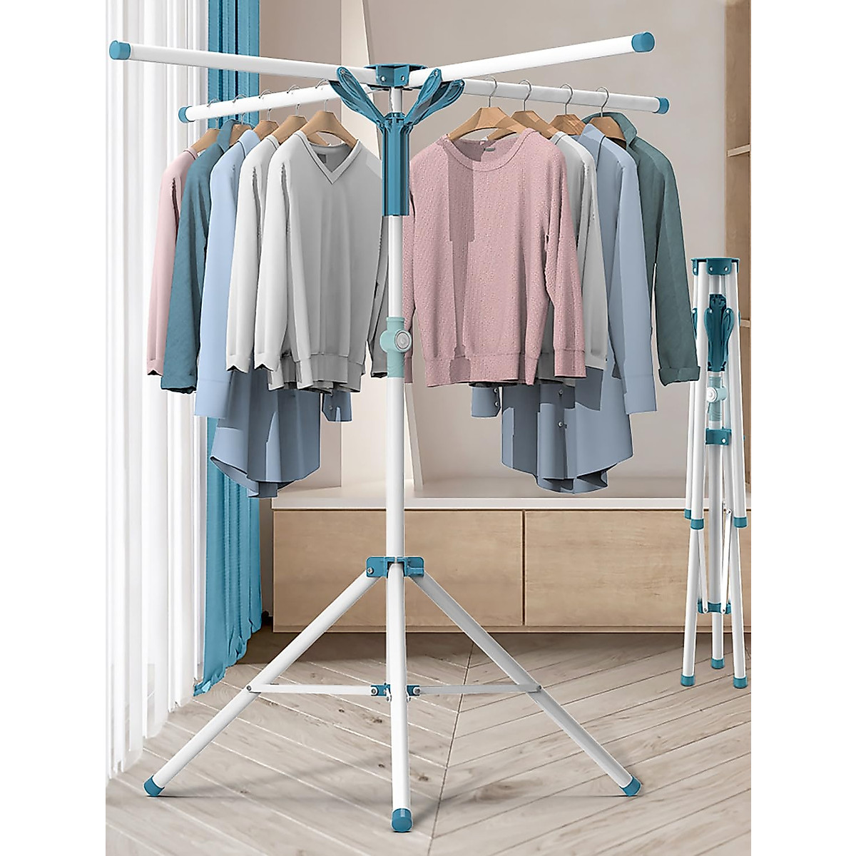 AUGMIRR Clothes Drying Racks, Height-Adjustable 52 Inches Updated Version,Stainless Steel for Indoor Outdoor,Length Adjustable Saves Space,with 20 Windproof Hooks (Tripod Rack, 52")