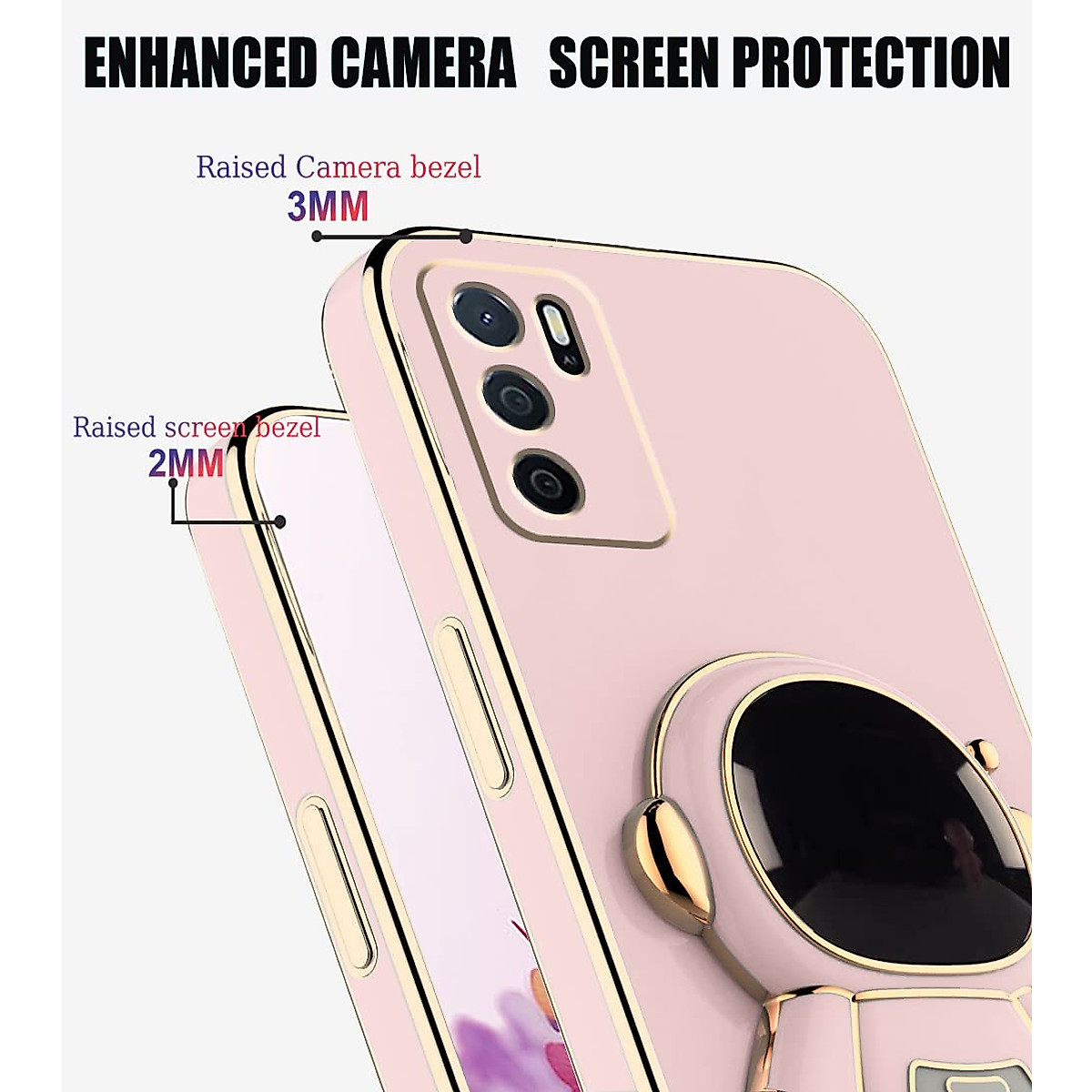 Compatible with Oppo A16 Case with Plating Creative Astronaut Cartoon Holder Pink,Oppo A16s Phone Case Silicone Shockproof Stand Soft TPU Protective Slim Cover (Pink)