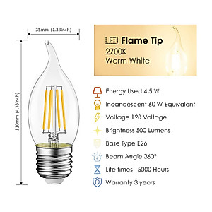 LVWIT Flame Tip LED Filament Bulb Candelabra E26 Base Dimmable 4.5W (60W Equivalent) B11 Chandelier Candle Light Bulb，2700K Warm White 6-Pack