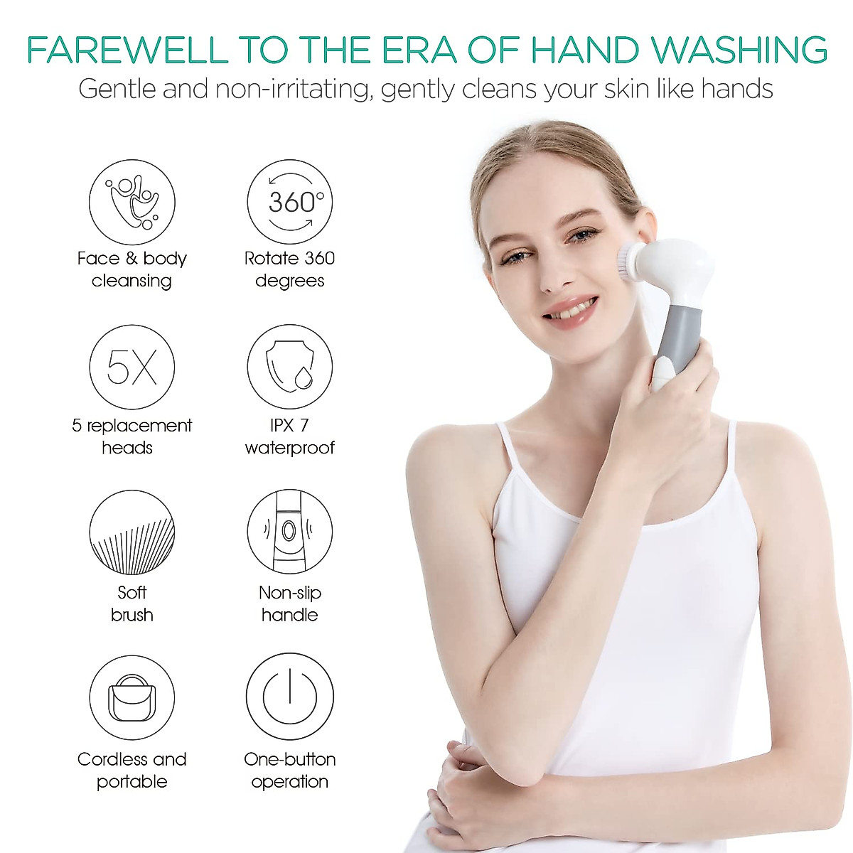 VOYOR Facial Cleansing Brush Waterproof Spin Face Brush 5-in-1 Body Cleansing Brush Set for Deep Skin Cleansing, Gentle Exfoliating, Blackhead Removal FB100