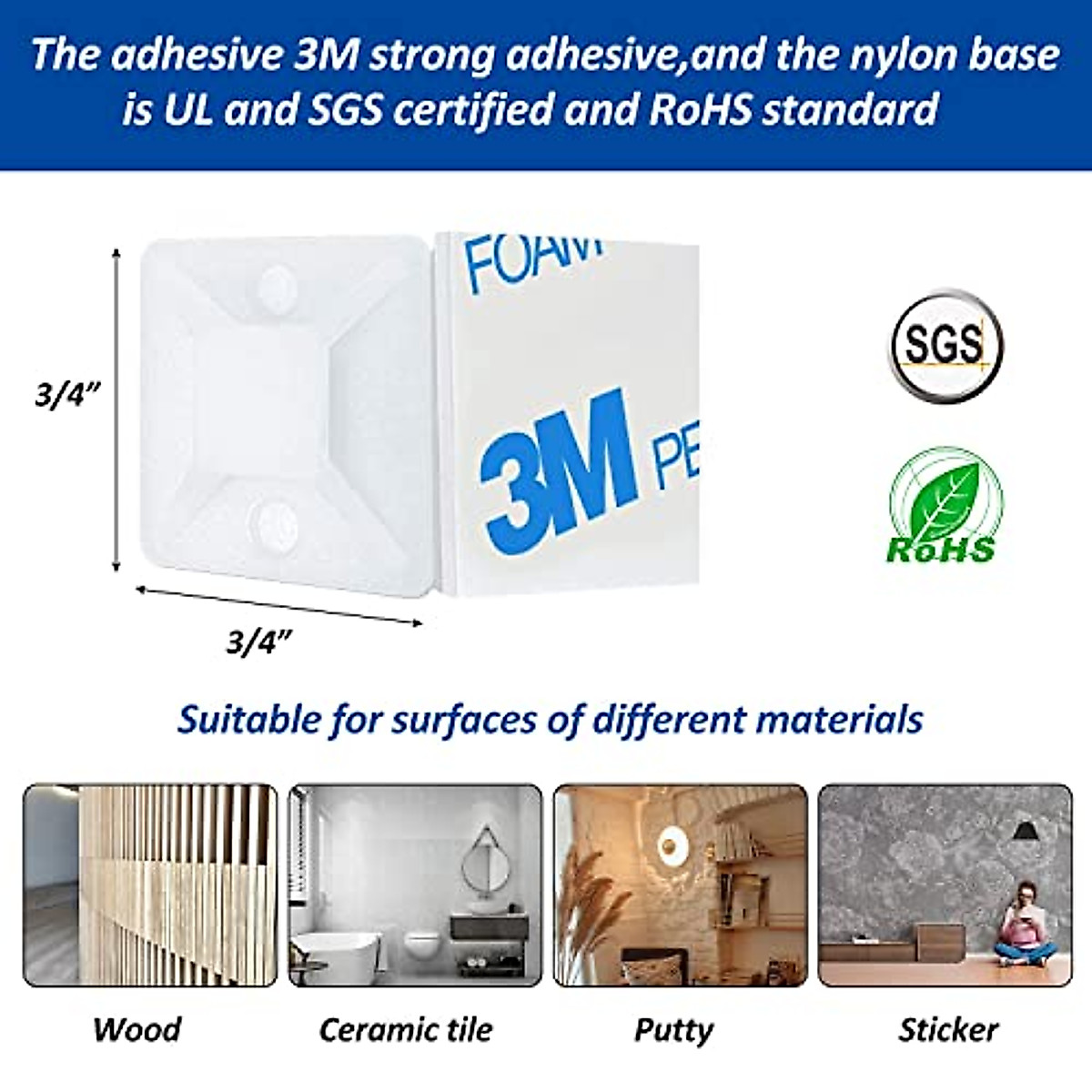 Strong Back-Glue Self Adhesive Cable Zip Tie Mounts Kit - 100 Set Cable Management Clips with 6" Zip Ties, Wire Holders and Screws - Outdoor Sticky Wire Organizer Clips - White