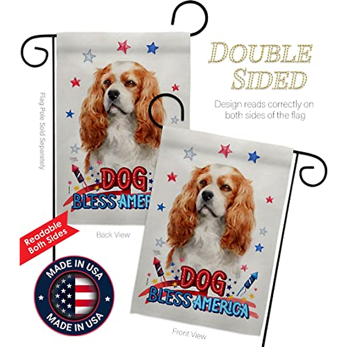Breeze Decor Patriotic Cavalier King Spaniel Garden Flag-Set Wood Dowel Dog Puppy Spoiled Paw Canine Fur Pet Nature Farm Animal Creature House Banner Small Yard Gift Double-Sided, Made in USA