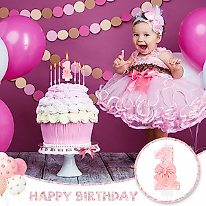 MTLEE Number Birthday Candle Girls Pink Bow Glitter Happy Birthday Number Candle with 10 Long Thin Cupcake Candle Bowknot Cake Topper Decorations for Wedding Anniversary Princess Theme Party(1st)