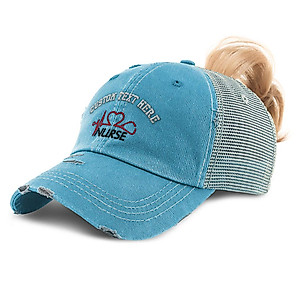 Custom Womens Ponytail Cap Nurse Stethoscope Lifeline Embroidery Cotton Messy Bun Distressed Trucker Hats Strap Closure Turquoise Personalized Text Here