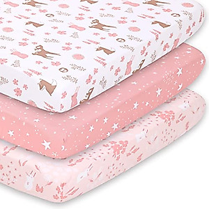 The Peanutshell Mini Crib Sheet Set for Girls, 3 Pack, Multiuse for Pack & Play, Playard, Playpen, Mini Crib, Pink Woodland Floral