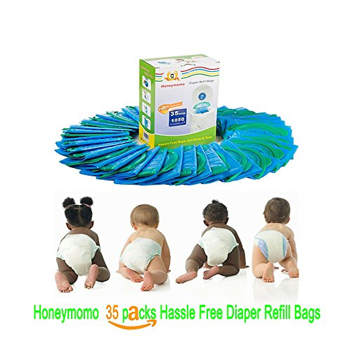 Honeymomo Baby Bathing Diaper refill bags 35 Bags 1050 Counts Fully Compatible with Arm&Hammer Disposal System Diaper Pail Snap, Seal and Toss Refill Bags