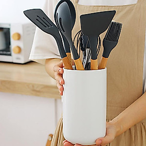 Utensil Holder for Kitchen Counter, Matte Ceramic Kitchen Utensil Holder for Countertop with Non slip Unglazed Base, Cooking Utensils Caddy Organizer Crock for Farmhouse Kitchen Decor (Large-White)