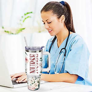 qoepfnsh Nurse Tumbler Pink Floarl 40 oz Tumbler with Handle Nurse Travel Coffee Mug Cup Stainless Steel Insulated 40oz Tumblers with Lid and Straw Nurse Gifts for Women
