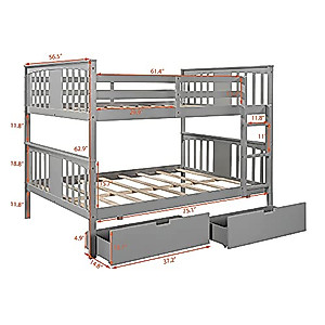 Full over Full Bunk Bed with Storage Drawers, Bunk Beds Full Over Full with Safety Rail and Ladder, Wood Full Bunk Bed for Adults, Kids, Teens No Box Spring Needed (Full, Grey)