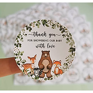 80 Woodland Thank You Favor Stickers, 2" Forest Animals Baby Shower Stickers, Woodland Baby Shower Party Decorations