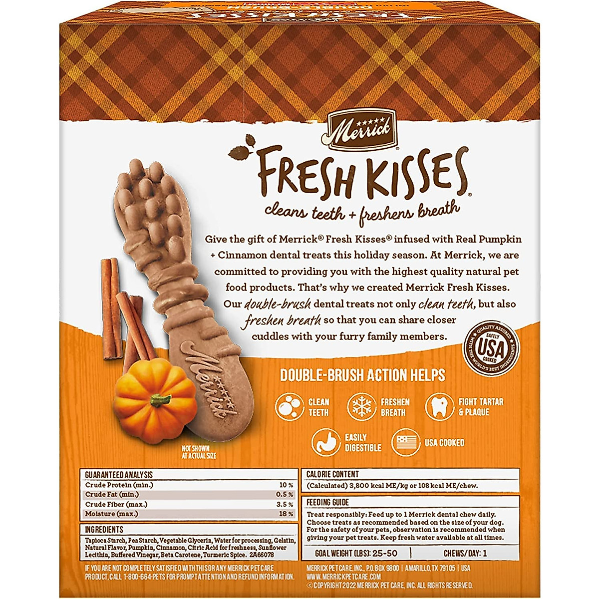 Aurora Pet Bundle Pack (2) Merrick Fresh Kisses Real Pumpkin & Cinnamon Flavor Medium Breed Dog Dental Treats with (1) Grooming Wipes