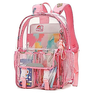 HTWO Clear Backpack for School, Backpacks for Girls, Passed CPSC Und Stadium Approved, Bookbag with Pendant (Pink)