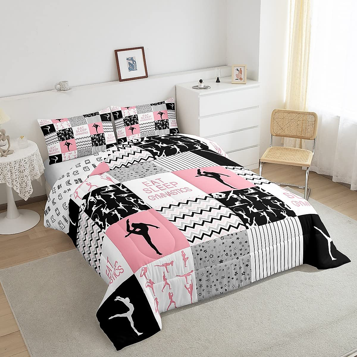 Gymnastics Girls Comforter Set Twin Size Pink Black Geometric Plaid Bedding Set 2pcs for Kids Women Gymnast Youth Bedroom Sports Dancing Quilt Set Modern Stripes Duvet Insert,1 Pillowcase