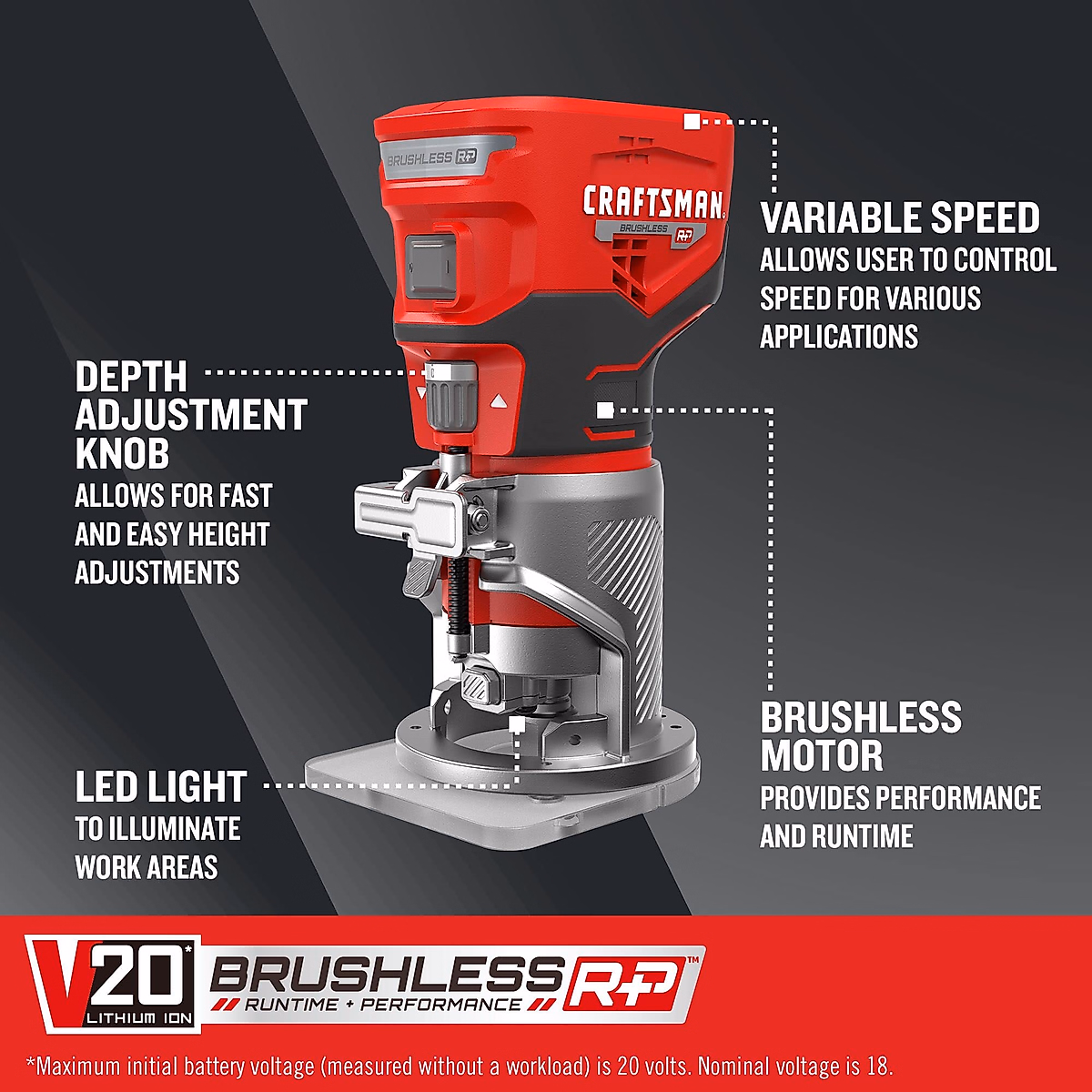 CRAFTSMAN V20 Router Tool, Cordless, Variable Speed, Fixed Base Router with Depth Adjustment, Bare Tool Only (CMCW400B)