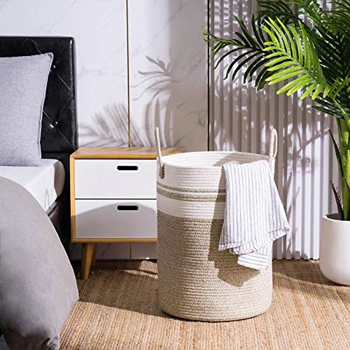 YOUDENOVA Woven Rope Laundry Hamper Basket, 58L Tall Laundry Basket for Blanket Organizer- Clothes Hamper for Bedroom Storage, Baby Kids Nursery Hamper-Large-Brown