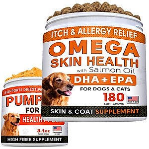 Fish Oil Omega 3 + Pumpkin for Dogs Bundle - Allergy and Itch Relief + Upset Stomach - Omega 6 9 - EPA & DHA + Pure Pumpkin Powder - Skin and Coat Supplement + Digestion - 180ct + 8.1oz - Made in USA