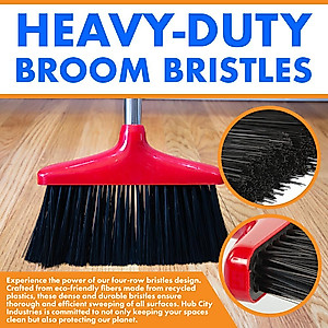 Hub City Industry Heavy Duty Broom and Dustpan Combo Set with Commercial Long Handle for Lobby, Home, Office, Cleaning Supplies, Upright Grips Sweep Set with Broom for Floor Cleaning, Red/Black