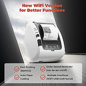 MUNBYN WiFi Thermal Receipt Printer with USB/LAN/RS232 Port, 80mm POS Printer Works with Square Windows Mac Chromebook Linux Cash Drawer, High-Speed Auto-Cutter Wall Mount, ESC/POS (P047-WiFi), White