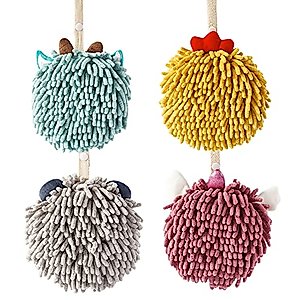 Bunnikins & Clover 4-Pack Chenille Cute Kids Hand Towel with Hanging Loop, Microfiber Plush Absorbent Toddler Hand Bath Towels for Bathroom Kitchen