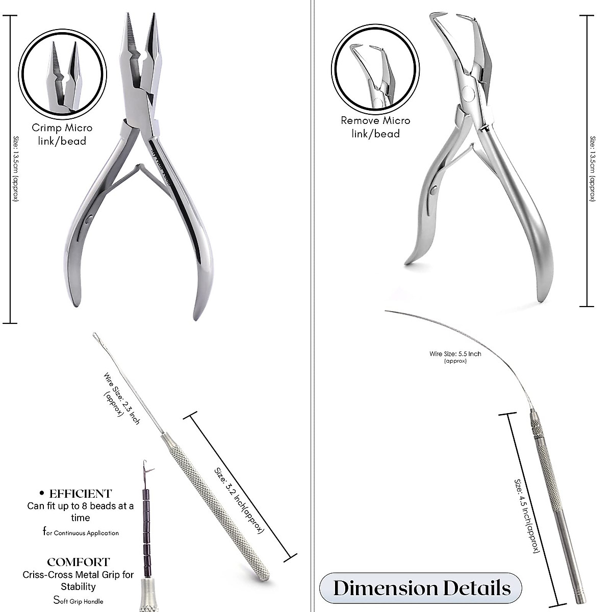 My Hair Tools Professional Hair Extension Tools Kit, Hair Extensions Remover Pliers, Micro Links Beads Hair Pulling Hook & Microbead Ring Loop Tool Stainless Steel Hair Supplies Packed in Soft Case