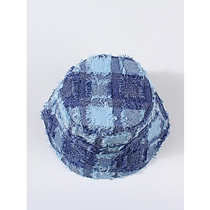Verdusa Women's Plaid Print Raw Trim Denim Bucket Hats Outdoor Fishing Caps Blue one-Size