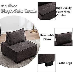 Tmosi Modular Square Armless Single Sofa Couch Chair,Modular Sectional Sofa with Sturdy Backrest and Removable Pillows,Armless Lazy Chair for Bedroom (Polyester,Black)