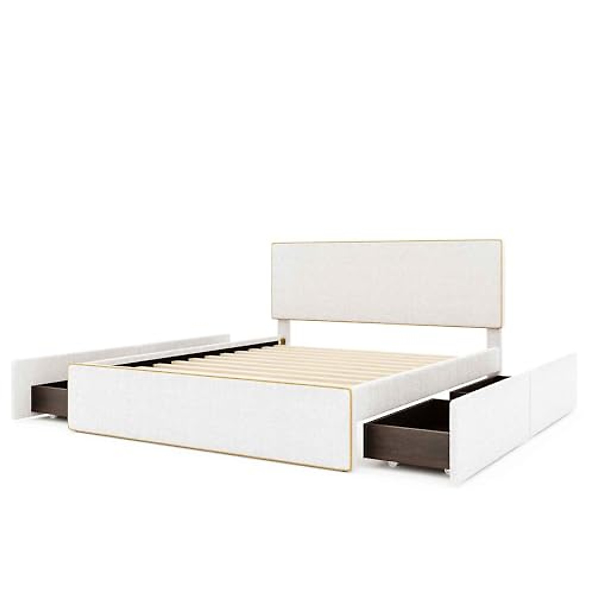 ATY Upholstered Queen Size Bed with 4 Drawers and Headboard, Wood Platform Bedfrme w/Footboard & Storage, Save Space for Bedroom, Livingroom, Guestroom, No Spring Needed Required, White