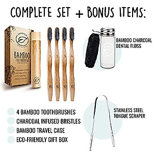 LEAFICO Bamboo Toothbrush with Travel Case - Dental Floss - Tongue Scraper - Premium Eco-Friendly Toothbrushes - Charcoal Infused Soft Bristles for Natural Whitening - BPA Free - Vegan Zero Waste Gift