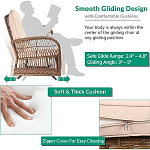 VIVIJASON 3-Piece Outdoor Patio Furniture Set, Outdoor Wicker Glider Rocking Chairs Rattan Conversation Bistro Sets w/ 2 Rattan Cushioned Chairs and Glass Top Side Table for Porch Backyard