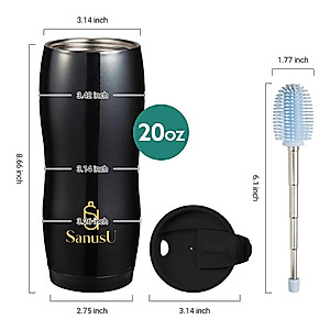 Stainless Steel Insulated Tumbler 20oz - Leak Proof, Double Wall Vacuum Insulation, Built-in Cleaning Tools, Durable, Corrosion-Proof (Black)