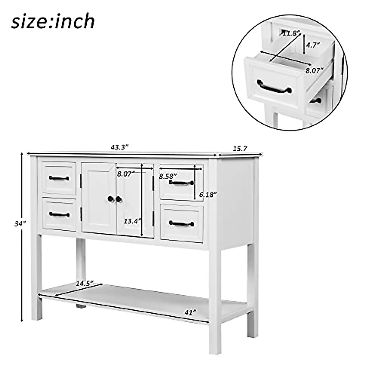 DANGRUUT Elegant Farmhouse Thicken Solid Wood Buffet Sideboard with Door Cabinet, Storage Drawers, Bottom Shelf, 43'' Rustic Accent Console Table Buffet Serving Cabinet for Entryway/Kitchen (White)