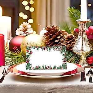 Whaline 100Pcs Christmas Place Cards 2 x 3.5 Inch Holly Berry with Pine Branch Cone Tented Cards Seating Cards for Xmas Wedding Bridal Shower Birthday Party Table Setting