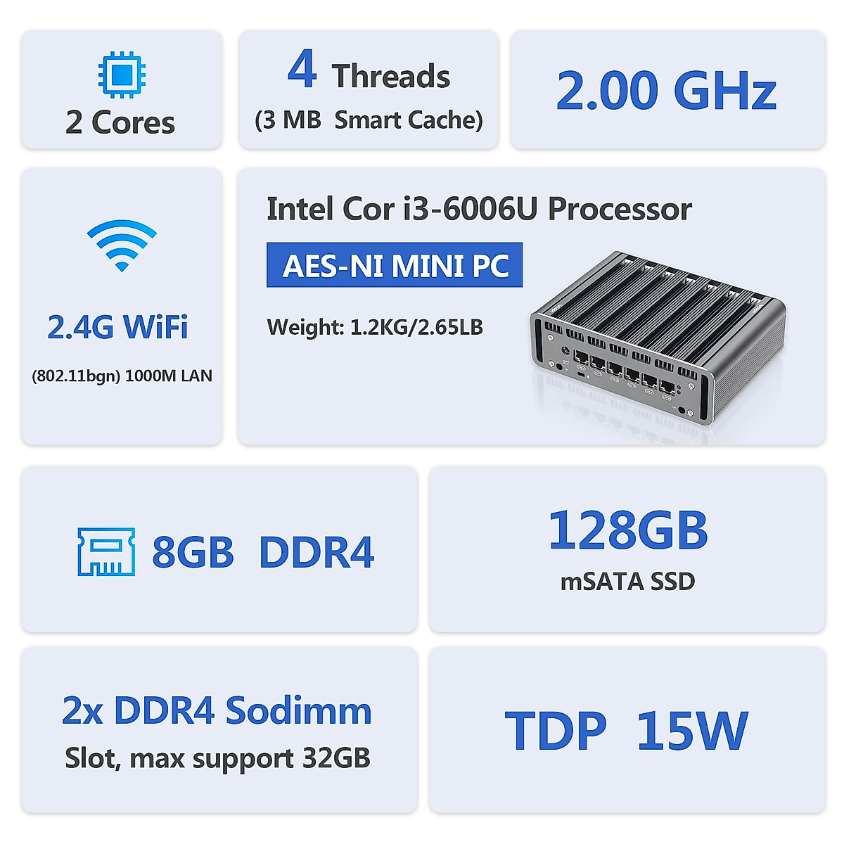 VNOPN Micro Firewall Appliance 6 LAN Intel Core i3 6006U 8GB DDR4 128GB SSD, 6 Intel i211 NIC Gigabit Ports Industrial Fanless Mini PC, Network Soft Router Mini Computer, Support AES NI/WiFi
