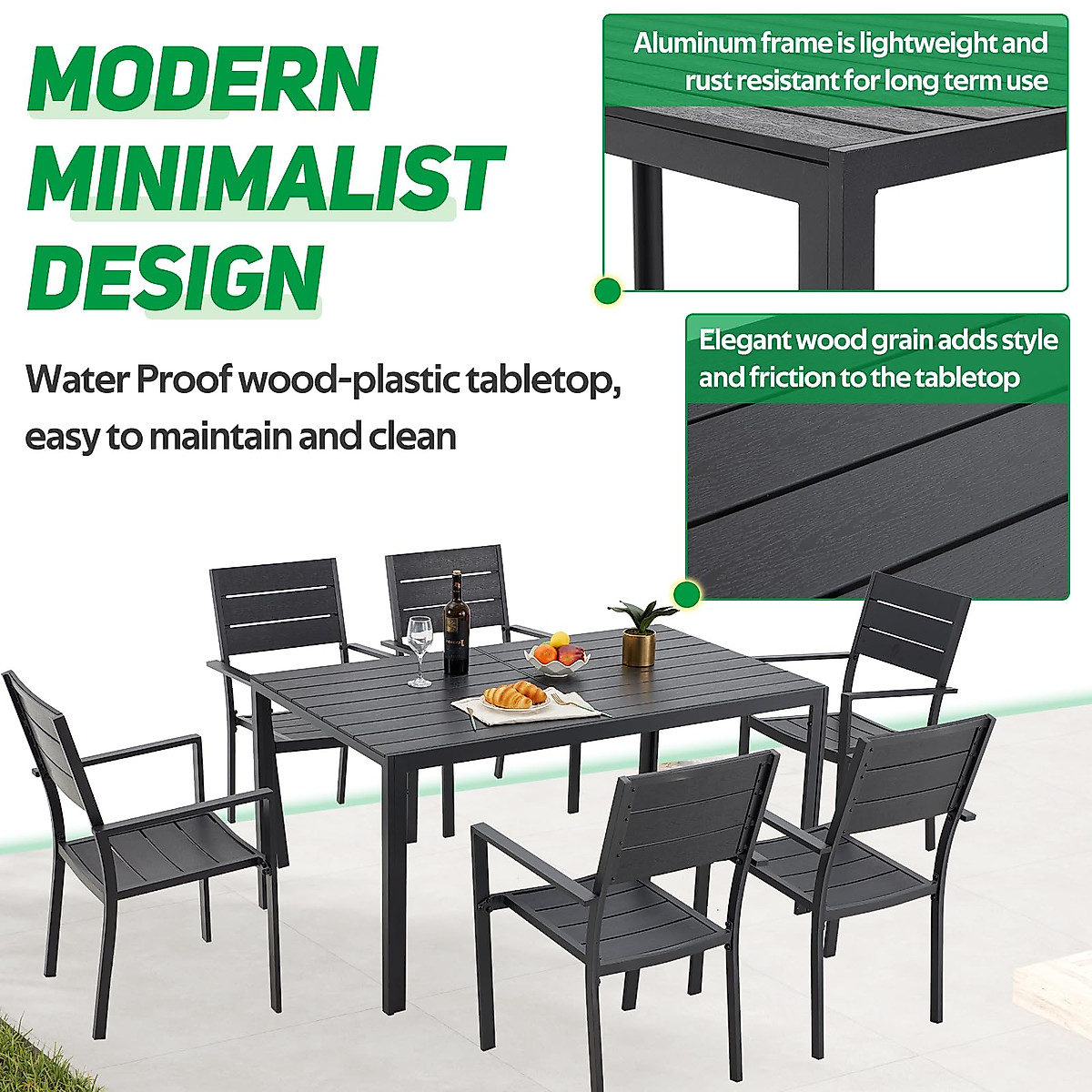 U-MAX 7-Piece Aluminum Outdoor Dining Set, Patio Table and Chairs Set for 6 Morden Outdoor Furniture Set with Aluminum Frames, Rectangular Table and Stackable Chairs for Garden, Black