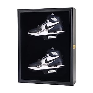 COMSREV Memorabilia Shoe Display Case Wooden Frame Wall Mount Acrylic Clear Door Sneaker Cabinet Containers Storage Shelves Boxes 98% UV Protection Lockable（Double Shoe-Black）