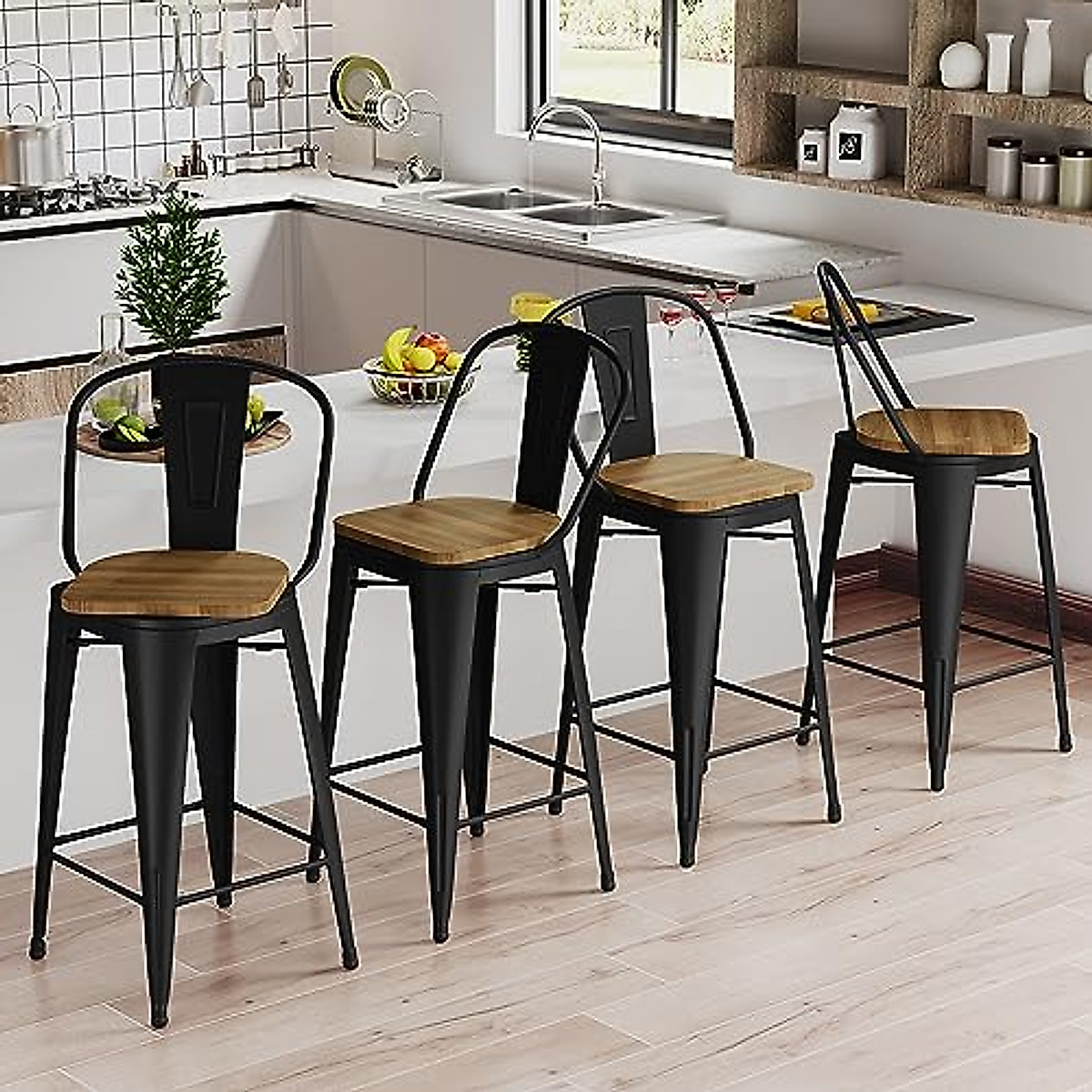 Andeworld 26 Inch Swivel Bar Stools Industrial Metal Barstools High Back Dining Bar Chairs Counter Height Stools with Wooden Seat Set of 4(26inch, Black)