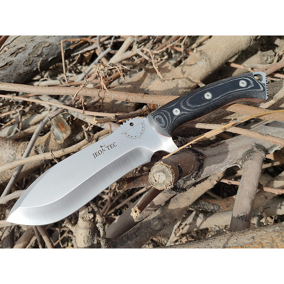 JEO-TEC Nº55 Full Tang Bushcraft Survival Hunting Camping Fishing Knife, Fixed Blade 6.7" MOVA-58 Scandi, Genuine Leather Multi-Position Sheath + Firesteel + Sharpener Stone, Handmade